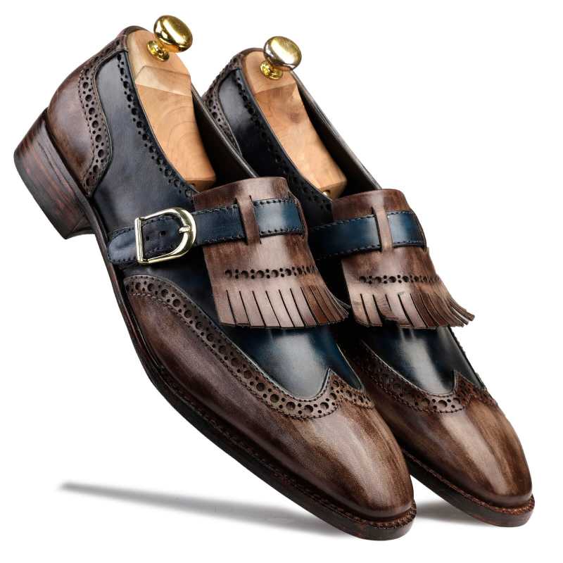 Mark Goodyear Welted Fiddleback Patina Slip On Shoes In Brown And Blue